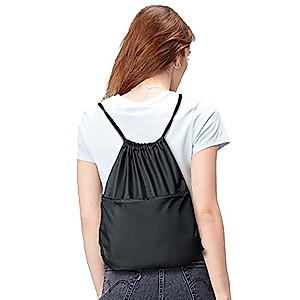 BuyAgain Drawstring Backpack Sports Water Resistant String Bag Sport Gym Sackpack for Women Men Large with Zipper, Black