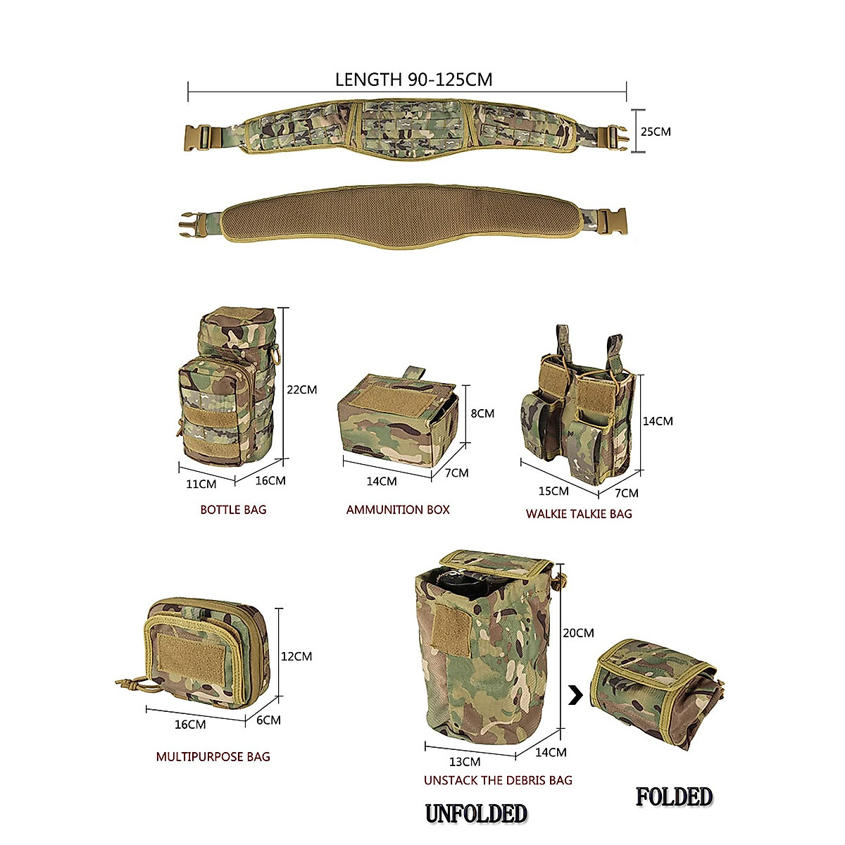 5 in 1 Tactical Duty Padded Belts for Law Enforcement Modular Heavy Equipment Police Duty Utility Belt with Pouches (CP)