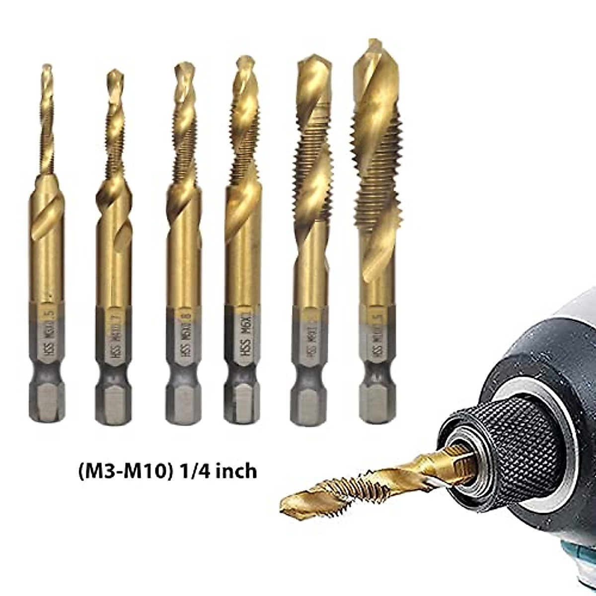 6pcs 1/4 inch Titanium Combination Drill and Tap Bits Set Screw Tapping Bit Tool for Tapping Metric (M3-M10) Drilling Tapping and Countersinking HSS4341 Steel