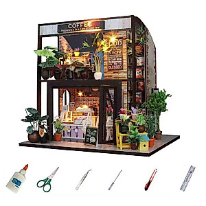 MAGQOO Miniature Dollhouse Tiny Dollhouse Tiny House Kit Tiny Dollhouse Kit DIY House Kit DIY Dollhouse Kit DIY Miniature Dollhouse Kit Creative Room with Furniture (Coffee House Dust Proof Included)