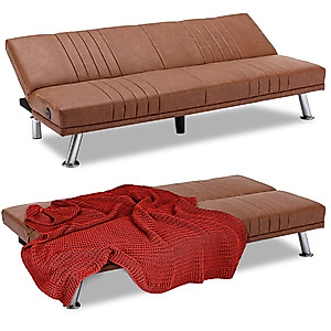 VECELO Sectional Convertible Sofa Bed Faux Leather Folding Sleeper Futon for Living Room, Brown