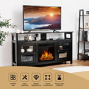 Tangkula Fireplace TV Stand, Farmhouse Media Console Table w/18 1500W Electric Fireplace for Flat Screen TVs up to 65", Modern Fireplace Space Heater w/Adjustable Brightness & Remote Control (Black)