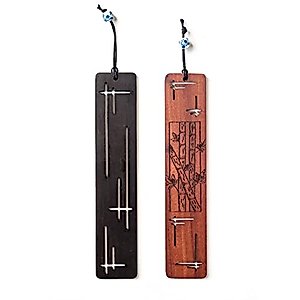 Villani Line & Bamboo Engraved Wooden Bookmark Leather Tassel Handmade Natural Hand Stained Wood for Books Accessory Unique Design Gift Set Perfect Men Women Kids Students Teachers Writers Readers
