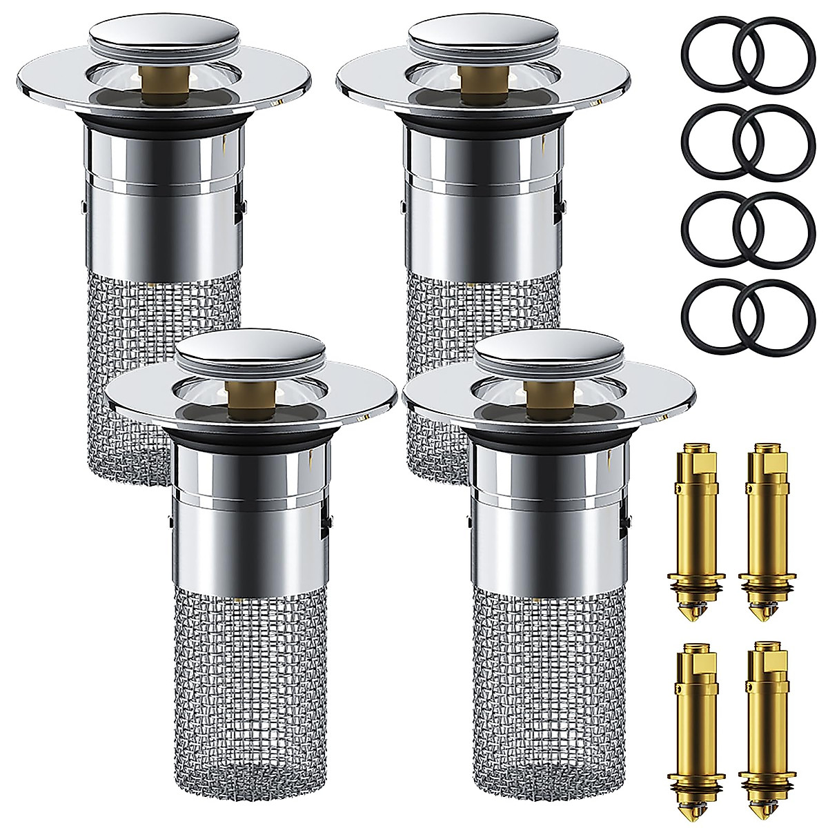Sink Drain Strainer, Shower Drain Hair Catcher, Stainless Steel Floor Drain Filter, Pop Up Drain for Bathroom Sink Tub Bathtub Kitchen, Universal Replacement Sink Drain Stopper with Brass Filter(4pcs)