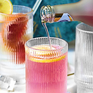 VKDONE Ribbed Glasses, Ribbed Glassware Set of 6, 12 oz Origami Style Glass Cups Vintage Glassware, Heavy, Ridged Glass for Juice, Iced Coffee, Tea, Cocktail, Whiskey, Beer