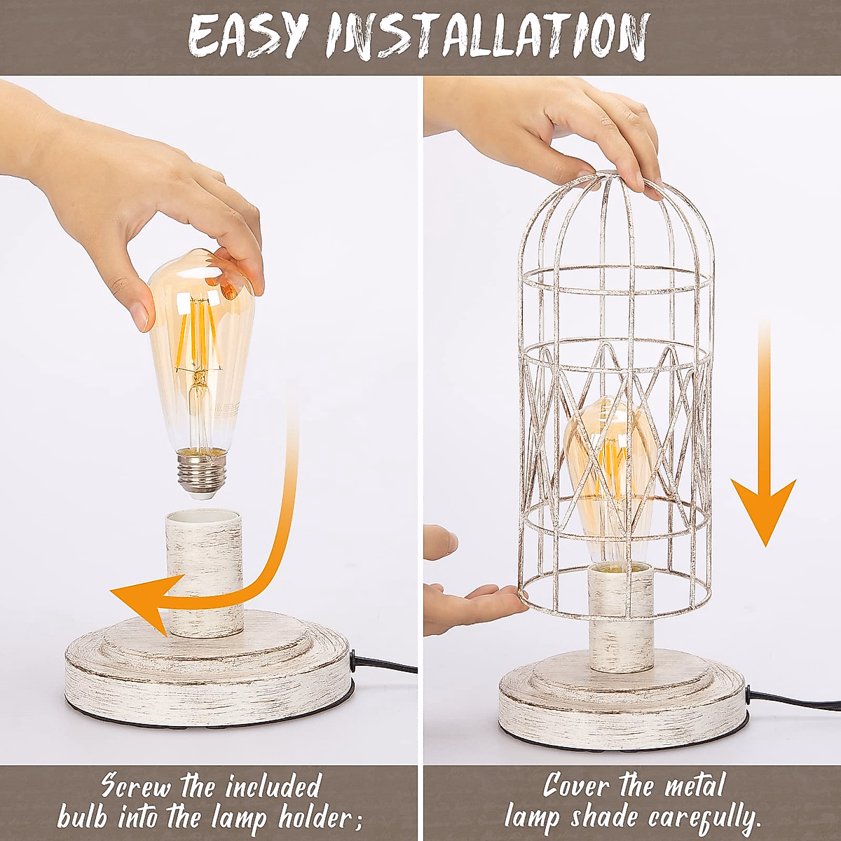 Small Table Lamp, Touch Control Table Lamp with Brushed White Oak Cage, Farmhouse Bedside Lamp 3-Way Dimmable Nightstand Lamp Edison Lamp for Bedroom, Living Room, Hallway, Kitchen, LED Bulb Included