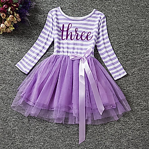 Iwemek Newborn Baby Girl Princess Long Sleeve Shinny Stripe Crown Printed 1st/2nd/3rd Birthday Cake Smash Tulle Tutu Skirt Dress, Purple (3 Years), One Size