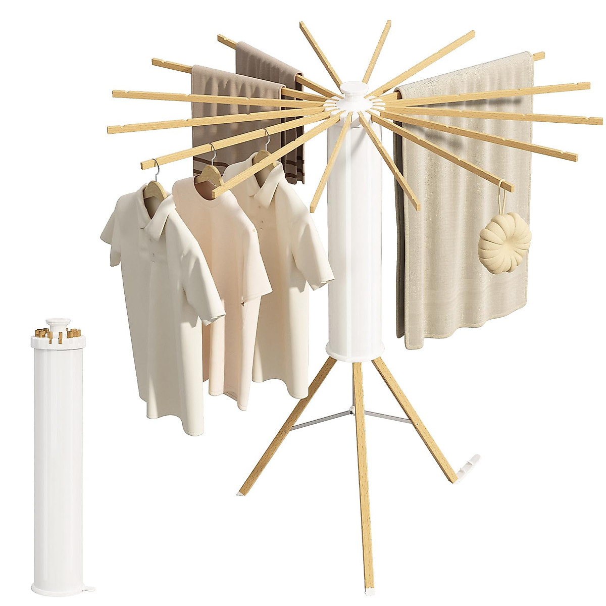 Tripod Clothes Drying Rack, Octopus Drying Rack, Portable and Foldable Space Saving Drying Rack,16 Expandable Rods,Wooden, Collapsible Drying Rack for Camping, Balcony, Bedroom and Laundry Room.