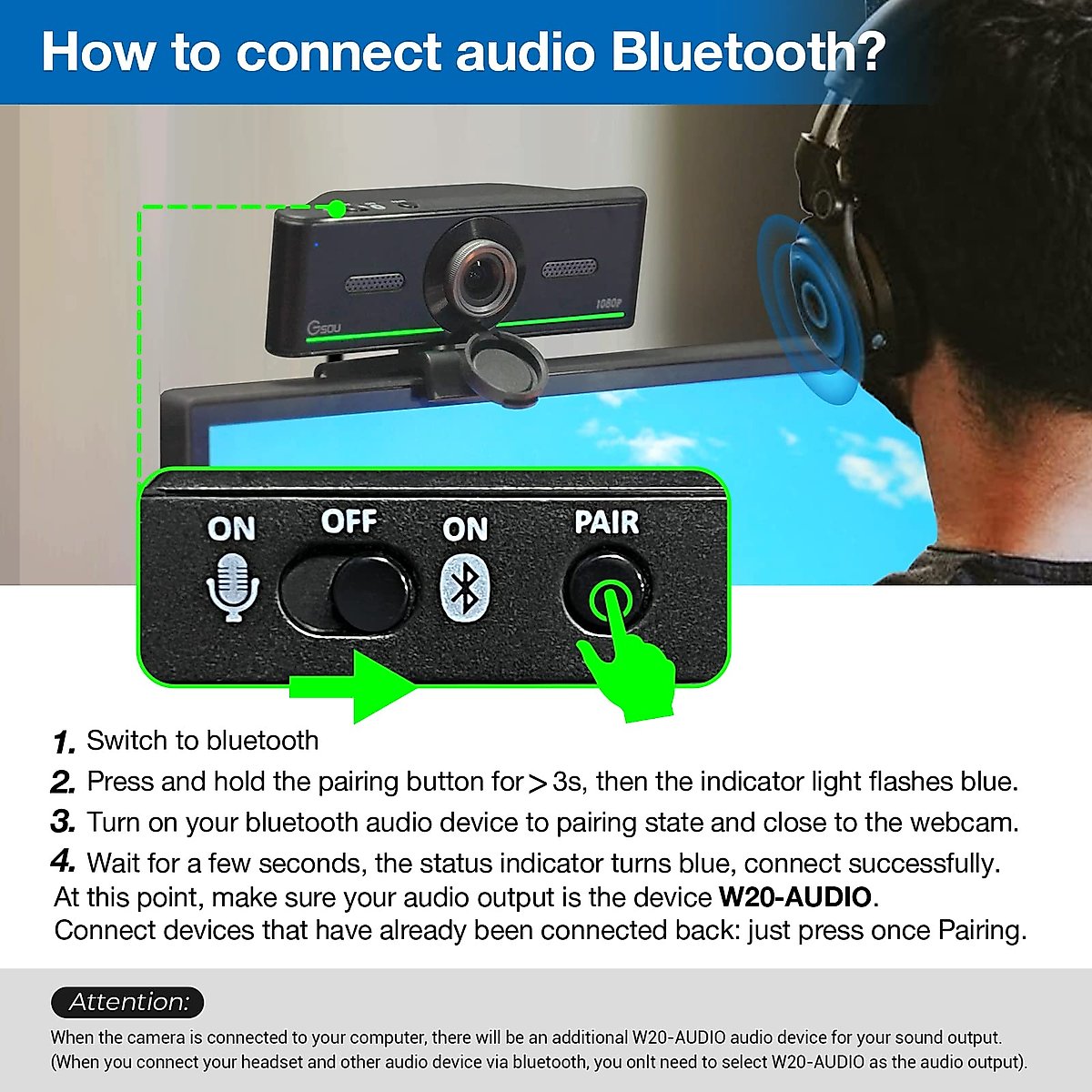 Audio Bluetooth Webcam with mic for desktop, Computer webcam Connect Bluetooth Headset/Earphone/Speaker, Streaming Webcam for Live Skype Teams,PC Webcam Camera for Streaming, Bluetooth only for audio