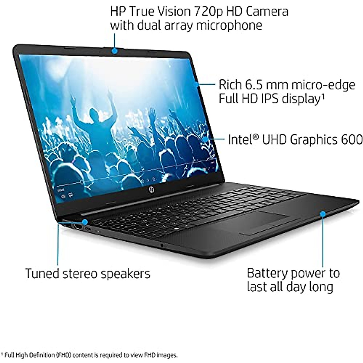 HP Notebook 15 Laptop, 15.6" Full HD Screen, Intel Celeron N4020 Processor, 8GB RAM, 256GB SSD, 1-Year Microsoft Office 365, HDMI, RJ-45, Type-C, HDMI, Webcam, Windows 10 Home, Black