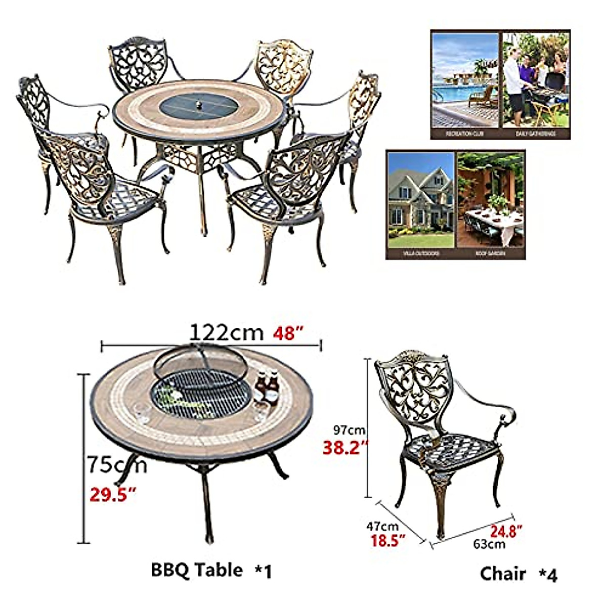 QHYXT Outdoor Fire Pit 122cm/48 Garden Grill Table - Wood Burning Fire Pit, Aluminum Round Indoor and Outdoor Table and Chair Set-with 4 Chairs, Suitable for Garden Terrac