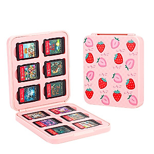 FANPL Game Case Holder for Nintendo Switch/ OLED/ Lite,12 Game Card and 12 Micro SD Card Slots Portable Storage Case for Switch, Cute Switch Cartridge Box with Hard Shell & Soft Liner-Pink Strawberry