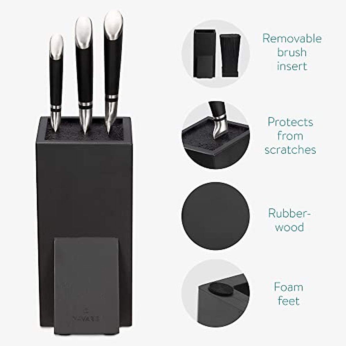 Navaris Universal Knife Block Holder - Rubber Wood Stand with Bristles to Fit Different Sizes of Knives - Angled Design, 9.8" x 5.9" x 4.1’" - Black