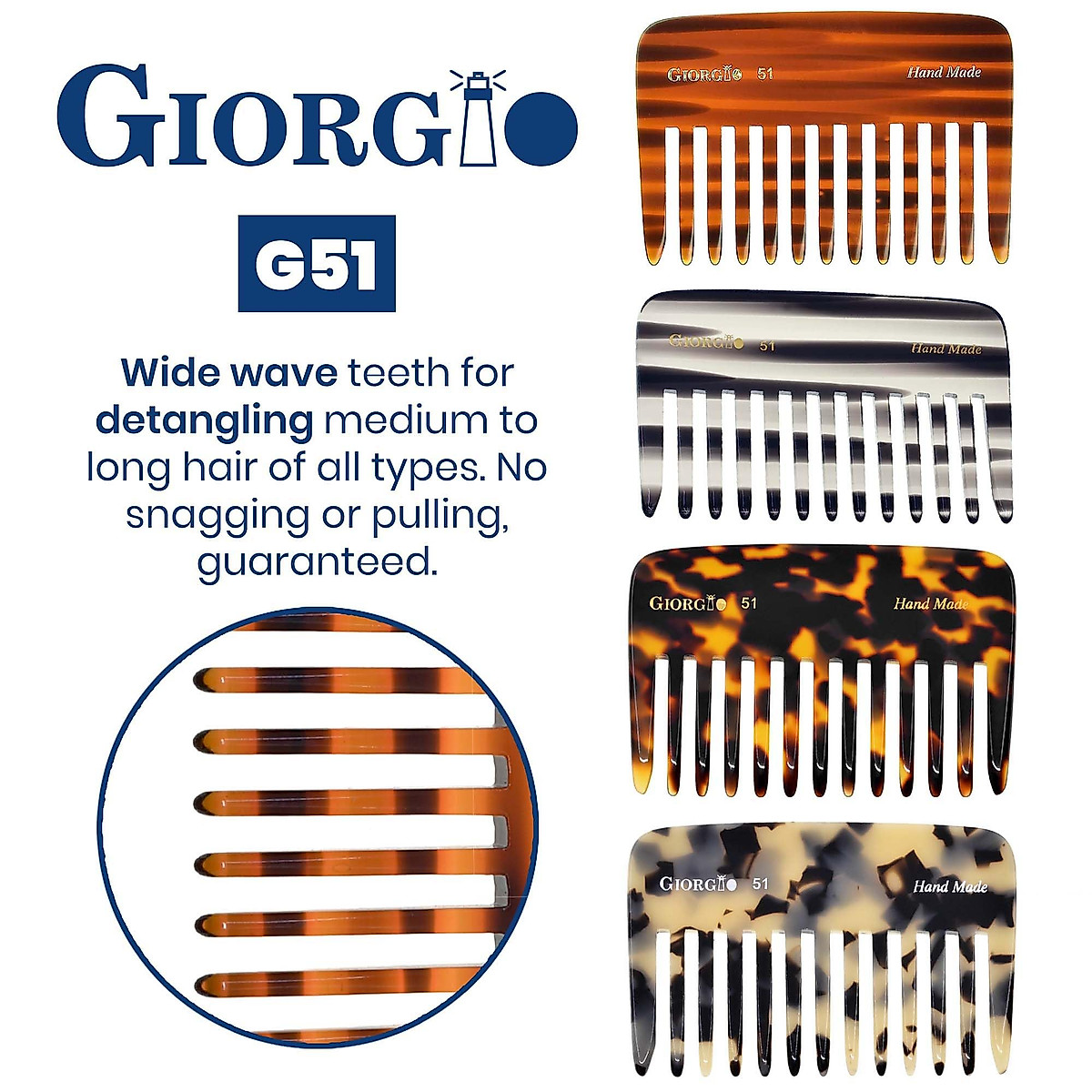 Giorgio G51 Small Travel Purse Hair Detangling Comb, Wide Teeth Pocket Comb for Thick Curly Wavy Hair. Hair Detangler Comb For Wet and Dry Everyday Care. Handmade of Cellulose, Saw-Cut Hand Polished