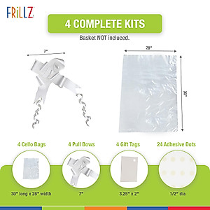 FRILLZ Cellophane Gift Basket Supply Kit, Includes 4 Clear Basket Bags, 4 Easy-pull Bows,4 gift tags and 24 adhesive dots. Create 4 elegant gift baskets with this kit.