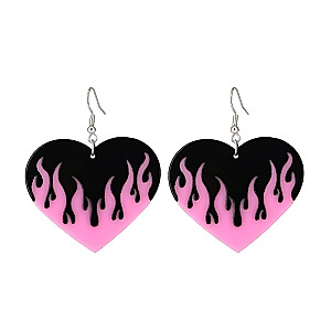 Colorful Flame Acrylic Earrings Punk Fire Heart Burning Dangle Drop Earrings Transparent Funny Geometric Acrylic Flame Earrings for Women (Pink+Black)