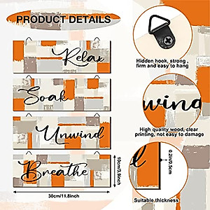 Tradder 4 Pcs Bathroom Wall Art Modern Orange and White Painting Art Bathroom Wall Signs Farmhouse Relax Soak Unwind Breathe Hanging Sign for Home Bathroom Decor