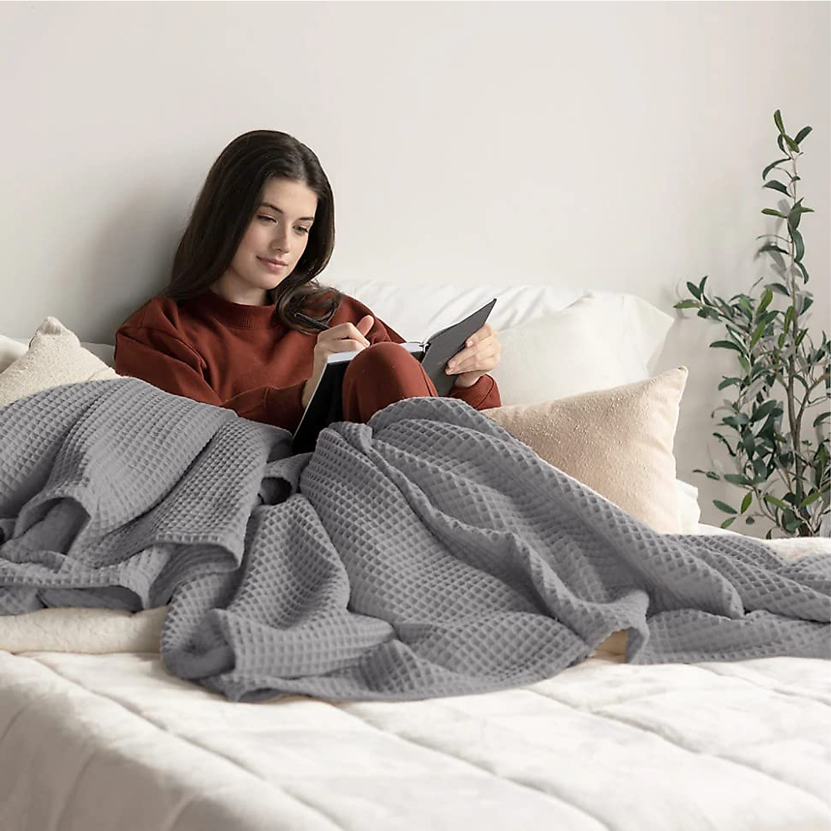 Filament Alley 100% Cotton Waffle Weave Bed Blanket Charcoal Grey Full Queen 90x90 Inch Breathable Lightweight Comforter Throw Blanket Travel Throw Blanket Couch Bed Sofa