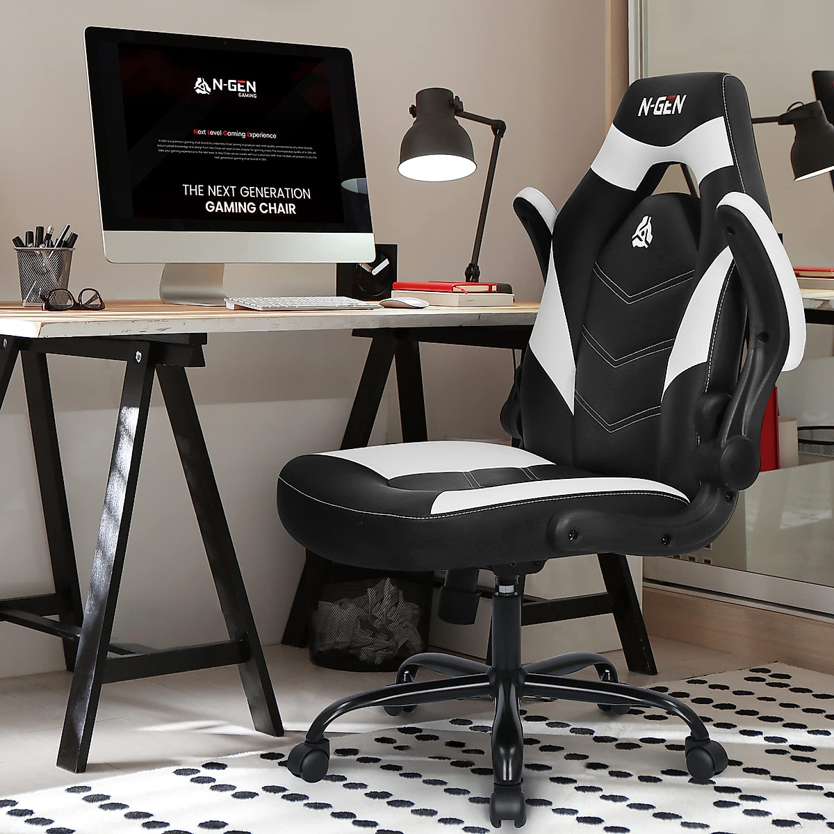N-GEN Video Gaming Computer Chair Ergonomic Desk Office Chair for Adults with Lumbar Support Flip-Up Arms Adjustable Height Swivel Wheels PU Leather Executive Design for Home and Office (White)