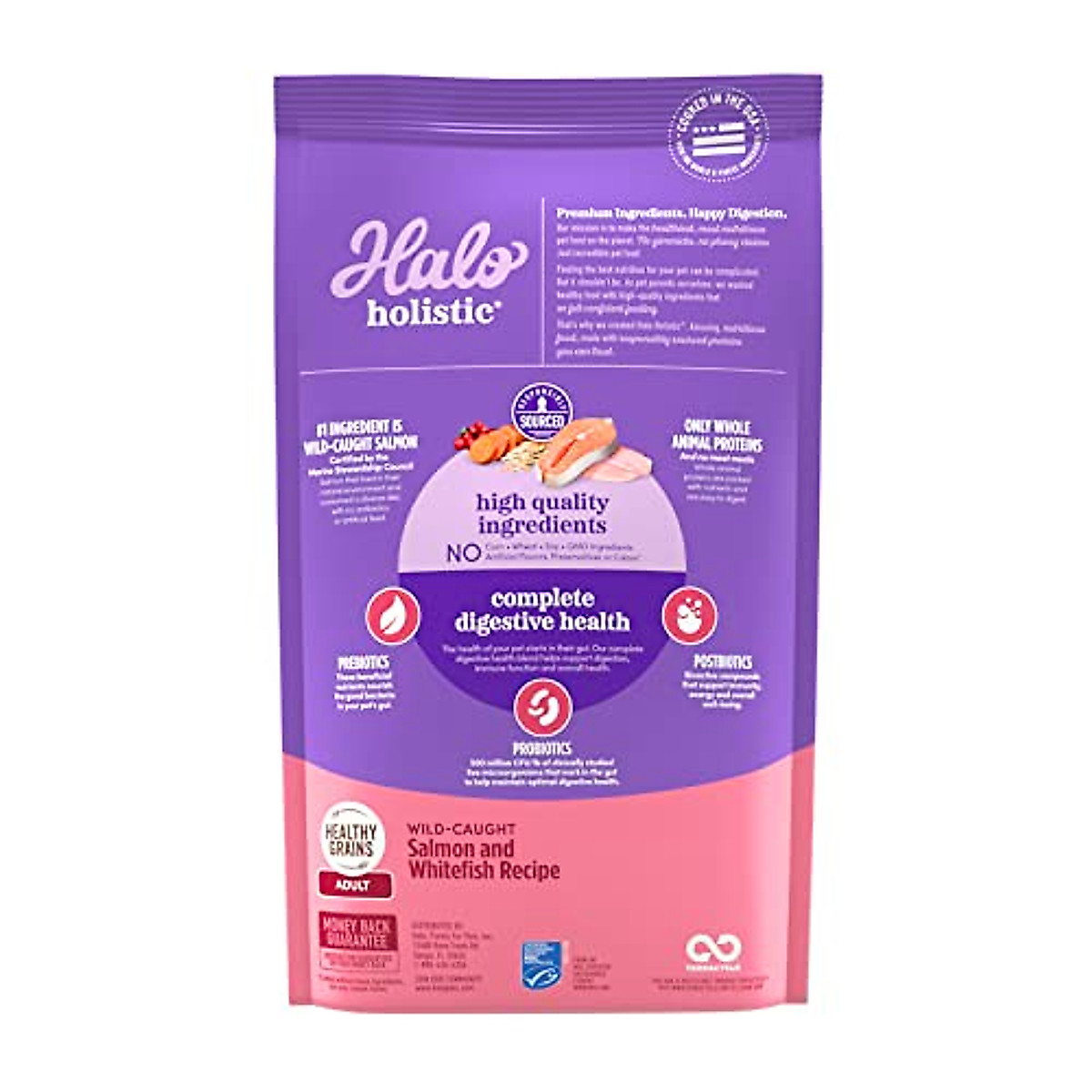 Halo Holistic Cat Food Dry, Wild-caught Salmon and Whitefish Recipe, Complete Digestive Health, Dry Cat Food Bag, Adult Formula, 3-lb Bag