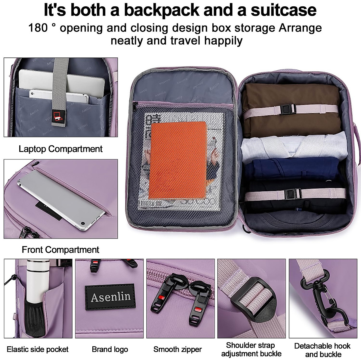 Asenlin 40L Travel Backpack for Women Men，17 Inch Laptop Backpack Flight Approved Luggage Carry On Water Resistant for Weekender Overnight Large Daypack Purple