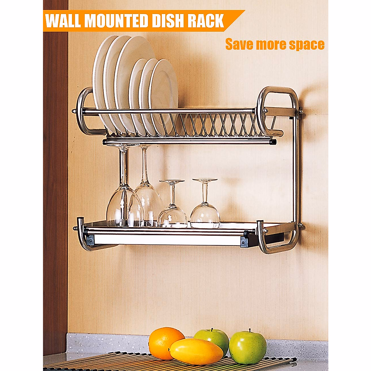 Kitchen Hardware Collection 2 Tier Dish Drying Rack Stainless Steel Wall Mounted Or Stand On Countertop Draining Rack 23.2 Inch Length 20 Dish Slots Organizer with Drainboard for Cup Plate Bowl