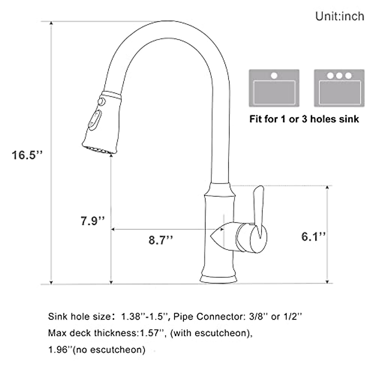 Kitchen Sink Faucet, Peppermint 3 Hole Faucet for Kitchen Sink with Pull Down Sprayer Fingerprint Resistant Single Handle Commercial Kitchen Sink Faucet with Nylon Hose, Brushed Nickel
