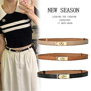 FENLDY Adjustable Thin Belts For Womens Skinny Belts For Dresses Womens Solid Color Alloy Turn Lock Belts For Jeans (Gold buckle Black+Caramel)