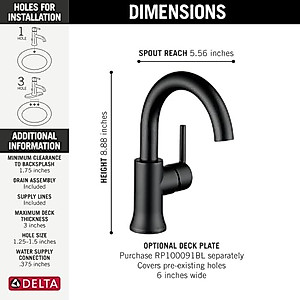 Delta Faucet Trinsic Single Hole Swivel Spout Bathroom Faucet, Black Bathroom Sink Faucet, Single Handle Bathroom Faucet, Diamond Seal Technology, Drain Assembly, Matte Black 559HA-BL-DST