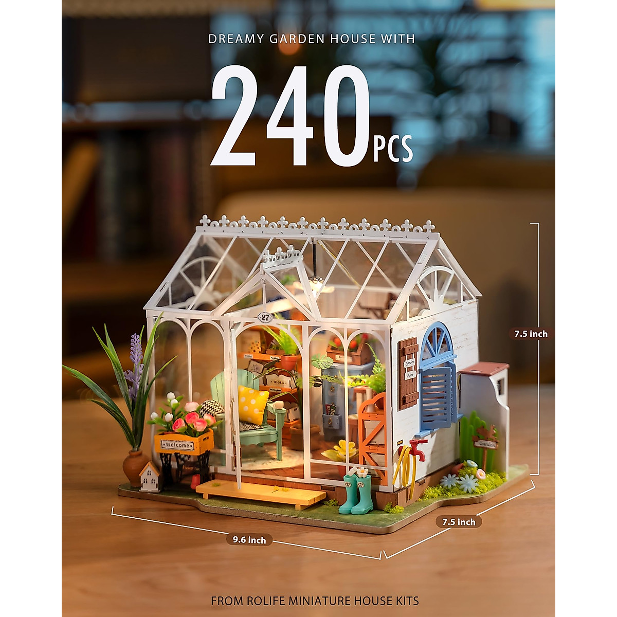 Rolife DIY Miniature Dollhouse Kit, Build 9.6" Greenhouse Diorama Kit Building Set with LED Room Hobby Craft for Aduls Uniue Gifts for Teens (Dreamy Garden)