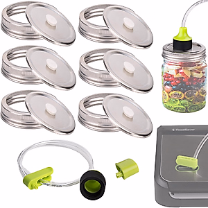 food saver lids for mason jars, Vacuum seal cap Compatible with FoodSaver Vacuum Sealer, Food Storage/fermentation lids,6-pack regular mouth mason jar lids + accessory hose