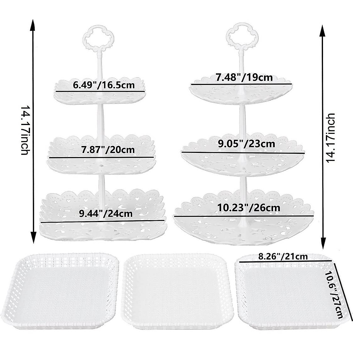 Set of 5 Dessert Stand Set, 3 Tiers White Plastic Cupcake Stand Holder & Rectangle Plastic Party Serving Trays/Platters for Wedding Birthday Baby Shower Tea Party Buffet (Rectangular)