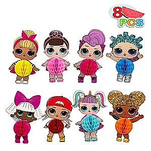 Doll Party Favors, 6pcs Cartoon LOL Honeycomb Centerpieces, Table Topper for Birthday Party Decoration, Double Sided Cake Topper, Party Supplies for Kids, Photo Booth Props