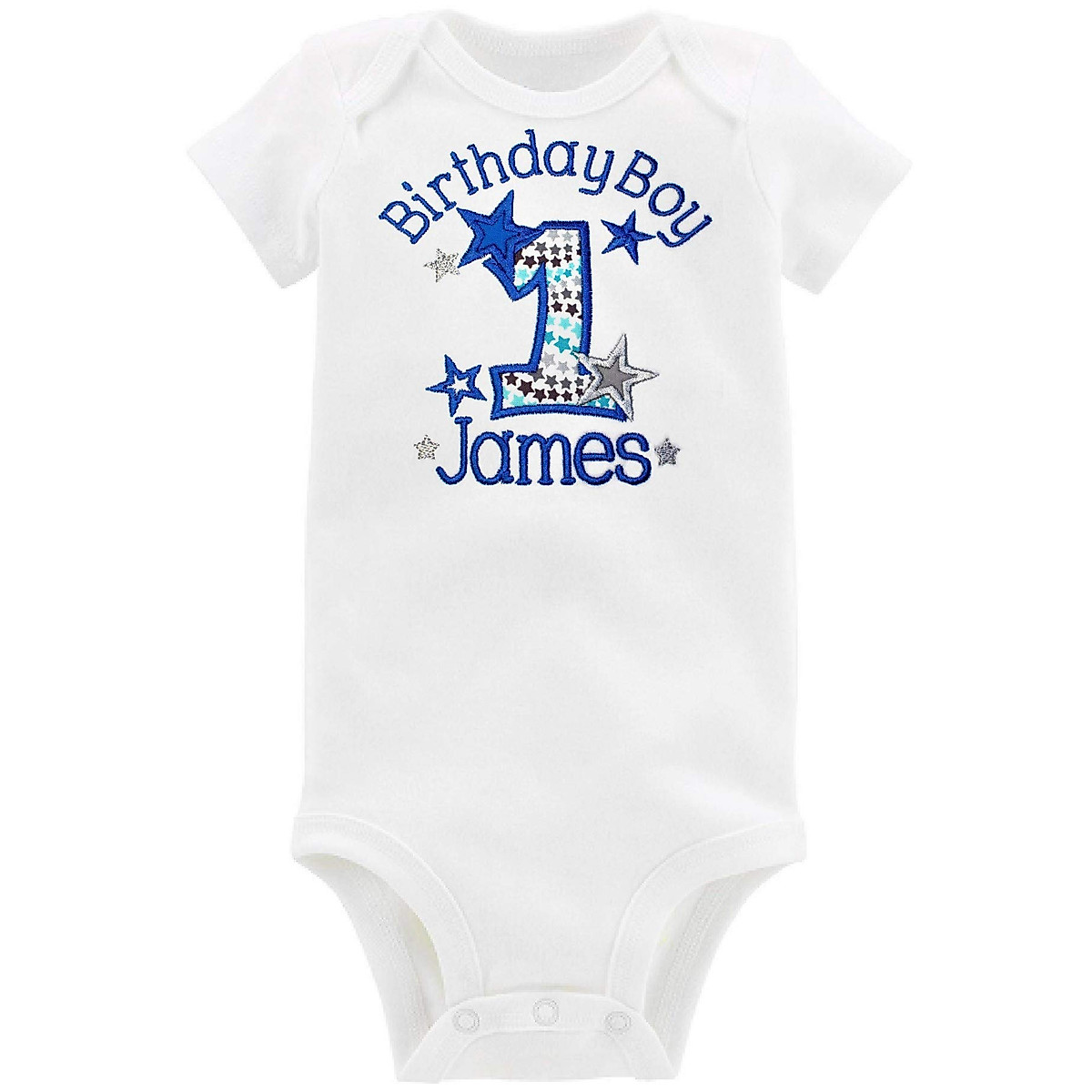 Fantasy Kids Designs First Birthday Boy Outfit Bodysuit Personalized with Custom Name (12 Months Short Sleeve, Royal Blue)