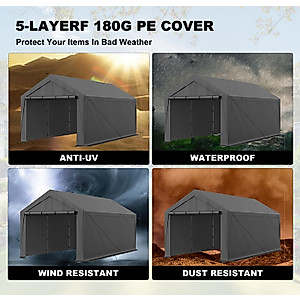 Carport, 10x20ft Heavy Duty Portable Garage, Car Port with Storage Shed, Car Canopy with Removable All-Season Tarp Sidewalls & Doors for Car, Truck, Boat, Party, Grey