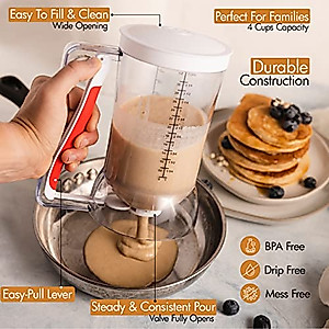 Dalup Enterprises Pancake Batter Dispenser - Kid Friendly & Mess Free Cupcake Batter Dispenser with Squeeze Handle for Precise Portion Control, Also Perfect for Waffles, Crepes, Cakes (4 Cup Capacity)
