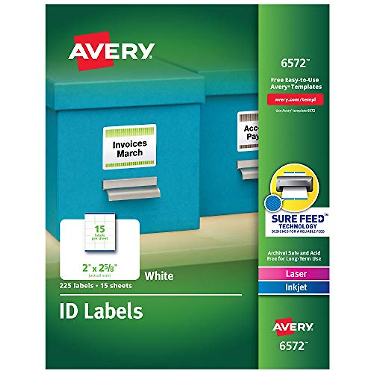 Avery ID Labels, Sure Feed Technology, Permanent Adhesive, 2" x 2-5/8", 5 Packs (6572)