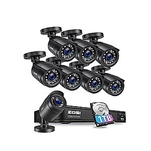 ZOSI H.265+1080p Home Security Camera System Outdoor, 5MP Lite 8 Channel CCTV DVR Recorder with Hard Drive 1TB and 8 x 1080p Surveillance Bullet Camera with 80ft Night Vision, Motion Detection
