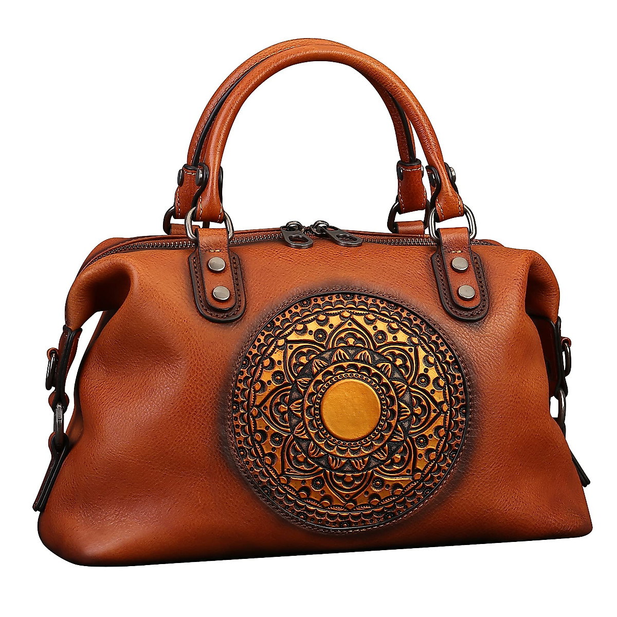 Leather Handbag for Women, Genuine Leather Purses Retro Mandela Crossbody Handbag Tote Bag (Retro Brown)