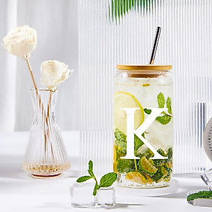 Elysine Initial Glass Cup 16oz, Monogrammed Gifts for Women, Glass Can Cup w/Bamboo Lid Straw,Personalized Valentines Mother Day Birthday Gifts for Women, Mom, Wife, Girlfriend, Sister, Friends (K)