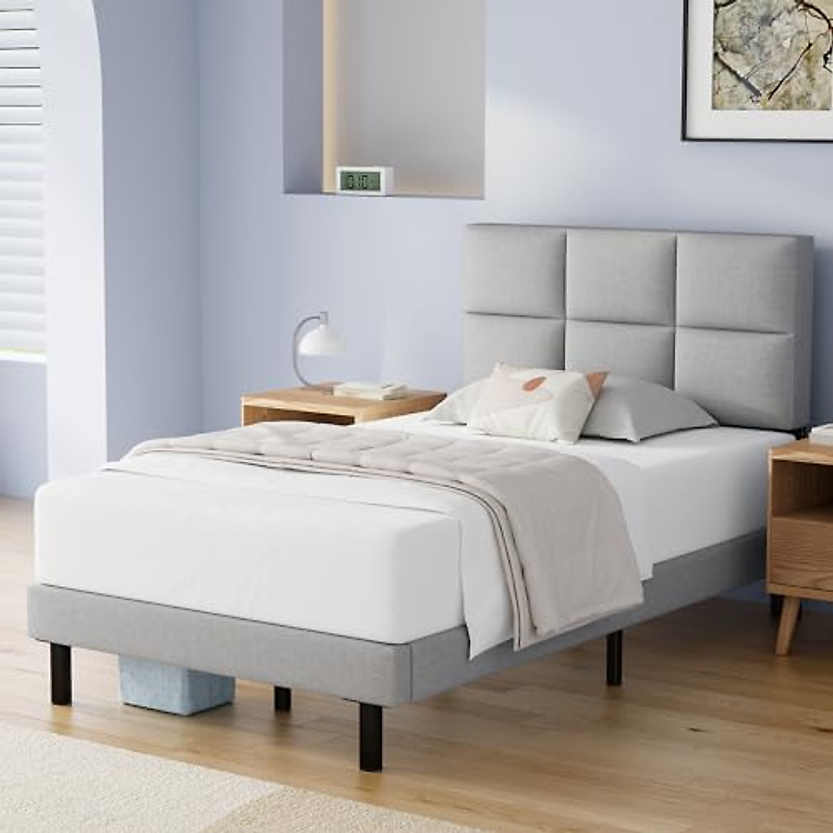 Molblly Twin Bed Frame with Upholstered Headboard, Strong Frame and Wooden Slats Support, Non-Slip and Noise-Free, No Box Spring Needed, Easy Assembly, Light Grey
