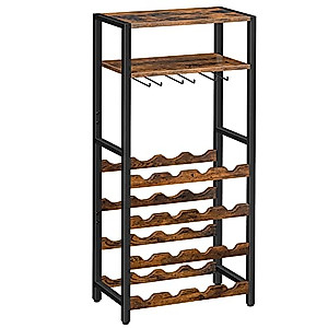HOOBRO Freestanding Wine Rack, 16-Bottle Wine Storage Rack with Tabletop and Glass Holder, 6-Tier Bar Rack, for Kitchen, Bar, Dining Room, Rustic Brown BF04JJ01