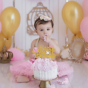 Pink And Gold Glitter Minnie Inspired Happy Birthday Cake Topper with Pink Bows and White Gloves Girls Birthday Party Decorations Supplies