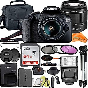 Canon EOS 2000D / Rebel T7 Digital SLR Camera 24.1MP with EF-S 18-55mm f/3.5-5.6 Lens + ZeeTech Accessory Bundle, SanDisk 64GB Memory Card, Wire Remote Control, Case and Flash (Renewed)