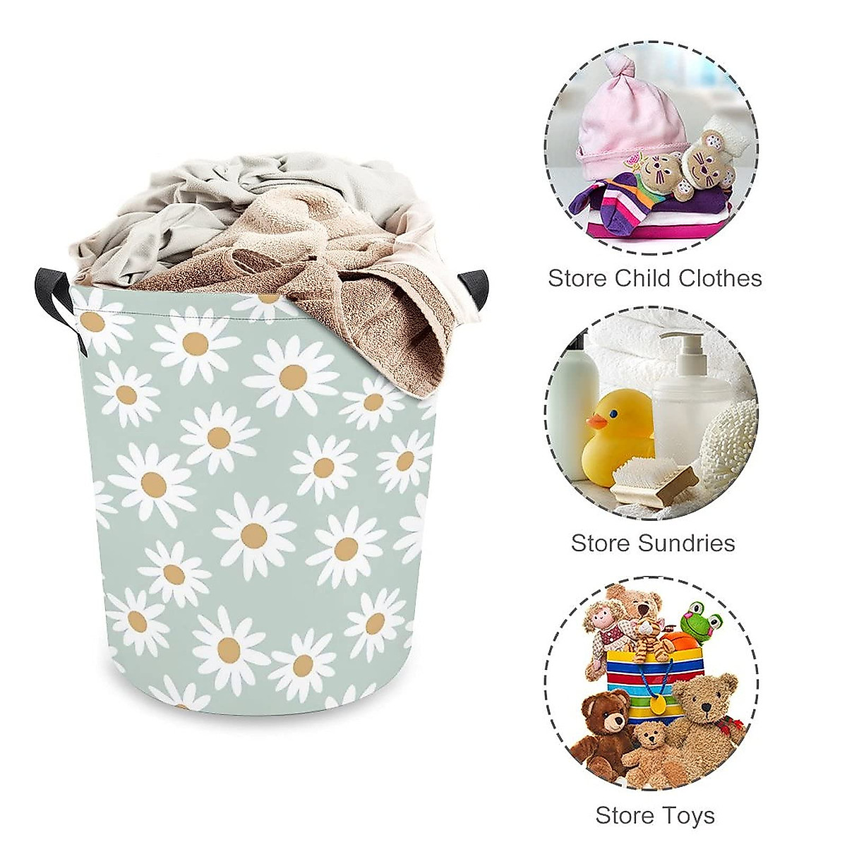 Clothes Basket Laundry Hamper with Handles Daisy Print Storage Organizer Perfect for Kids Boys Girls Toys Room, Bedroom, Nursery,Home,Gift Basket