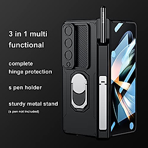 Libeagle Compatible with Samsung Galaxy Z Fold 4 Case [Heavy Duty Protective][Camera Lens Cover][S Pen Holder & Hinge Protection][Screen Protector][Safe to Hold with Ring] Rugged Stand 5G 2022-Black