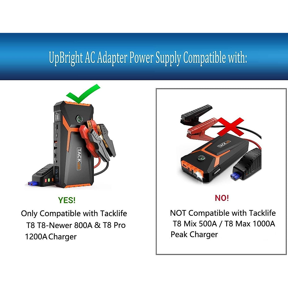 UpBright 15V AC/DC Adapter Compatible with Tacklife HA2 T6 T8 T8-Newer 800A Pro T8Pro 1200A Peak 18000mAh Lithium 12V Car Jump Starter Battery Charger 15VDC Power Supply Cord (NOT for T8 Mix/T8 Max)