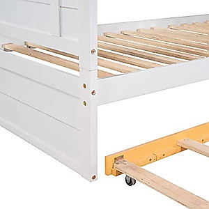 HomSof Twin Over Twin Bunk Bed with Trundle,Stairs,Ladders Solid Wood Bunk Bed with Storage Cabinet （White + Yellow）