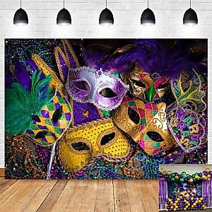Masquerade Backdrops Purple Gold Glitter Beads Mask Carnival Photography Backdrop Vinyl 5x3ft Fiesta Mardi Gras Dance Photo Background Birthday Party Photo Booths Props Decorations Supplies