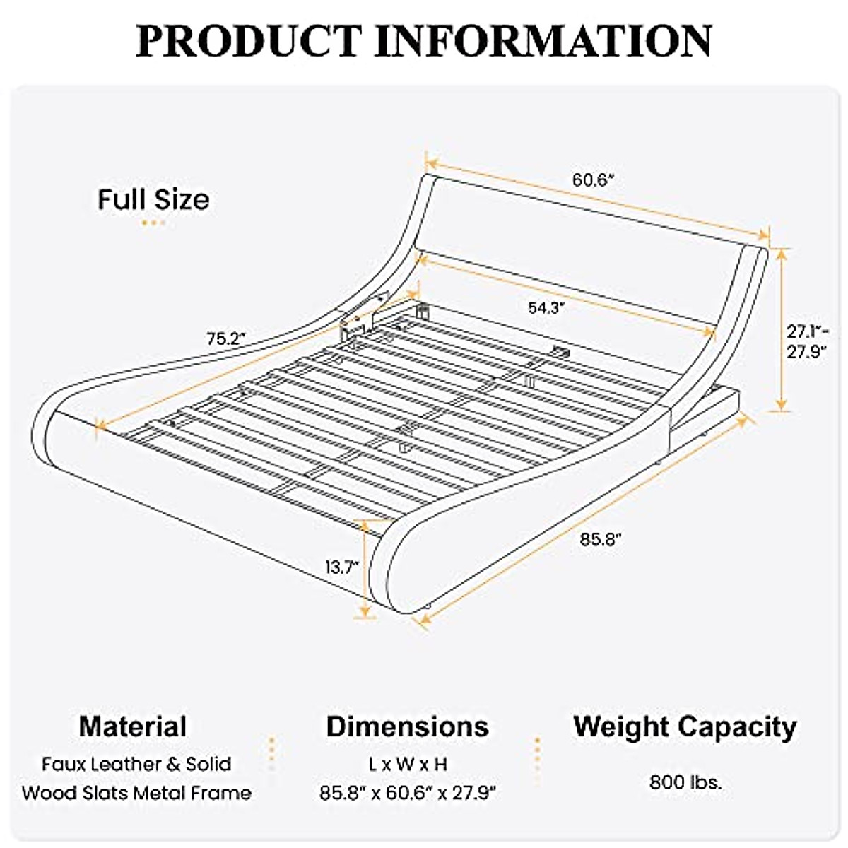 SHA CERLIN Modern Low Profile Platform Bed Frame Full Size, Stylish Faux Leather Upholstered Sleigh Bed with Adjustable Headboard, No Box Spring Needed, Black & White